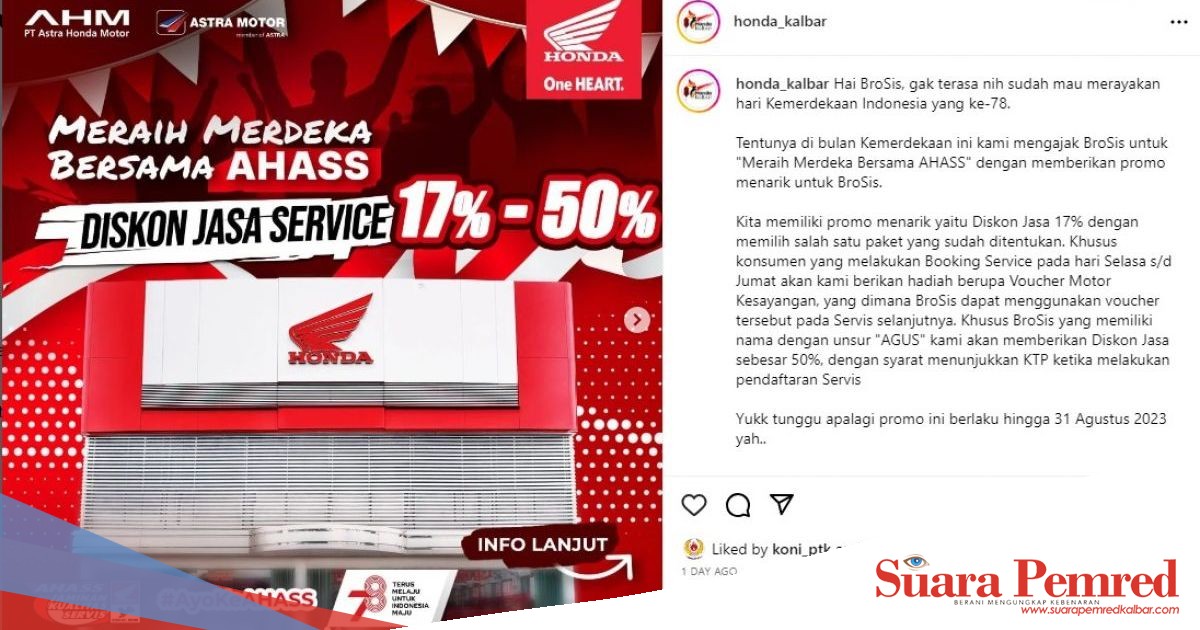 Promo Agustus AHASS Kalbar, Konsumen Dapat Potongan Jasa dan Sparepart ...